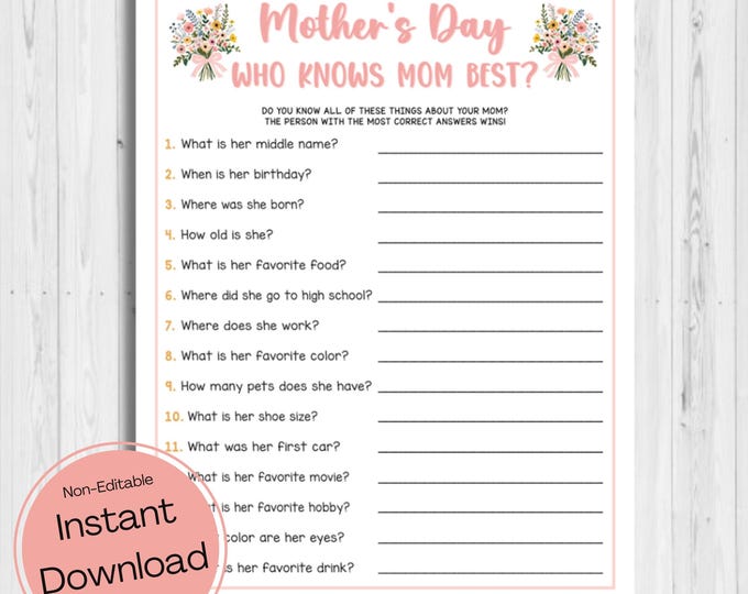 Printable Mothers Day Game, Who Knows Mom Best, How Well Do You Know ...