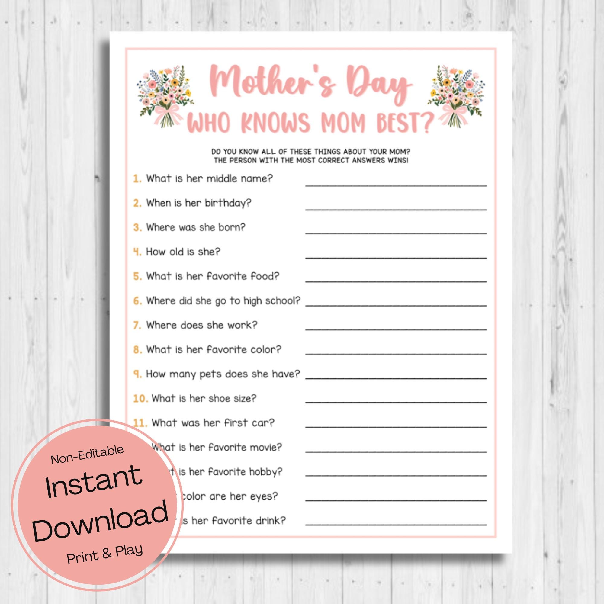 INSTANT DOWNLOAD Mother's Day Trivia Game Printable - Mother's Day ...