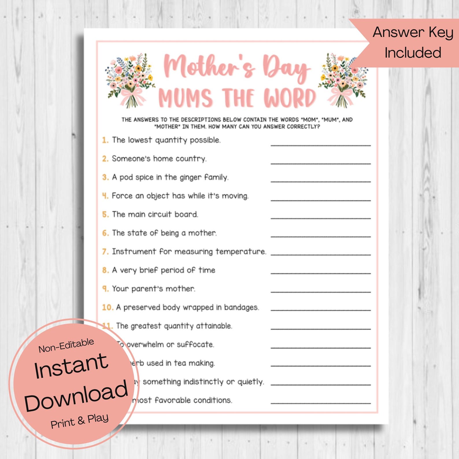INSTANT DOWNLOAD Mother's Day Trivia Game Printable - Mother's Day ...