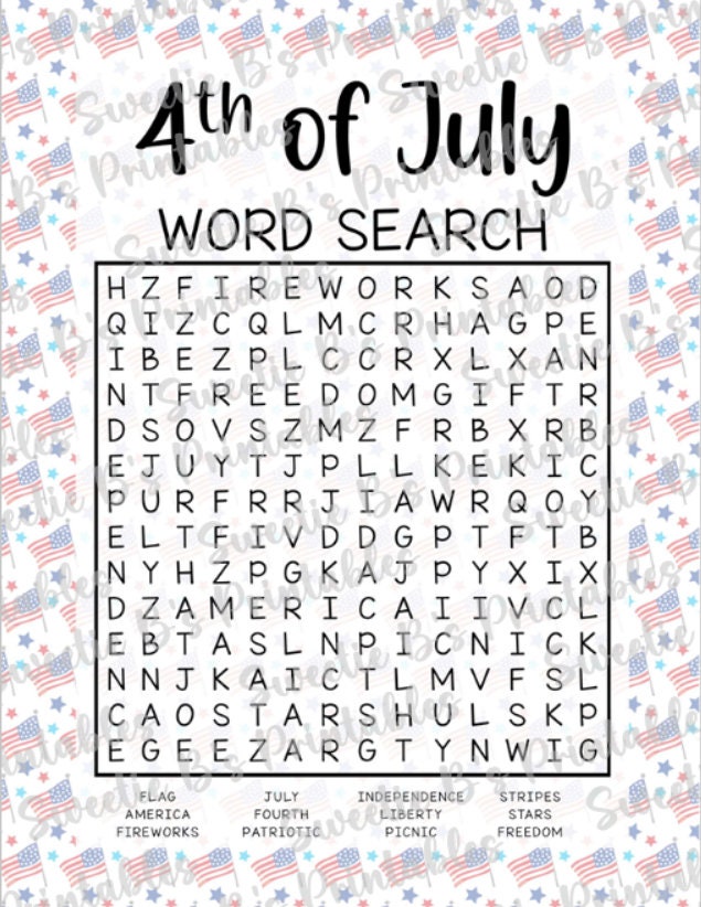 INSTANT DOWNLOAD 4th of July Word Search Printable - 4th of July Game ...