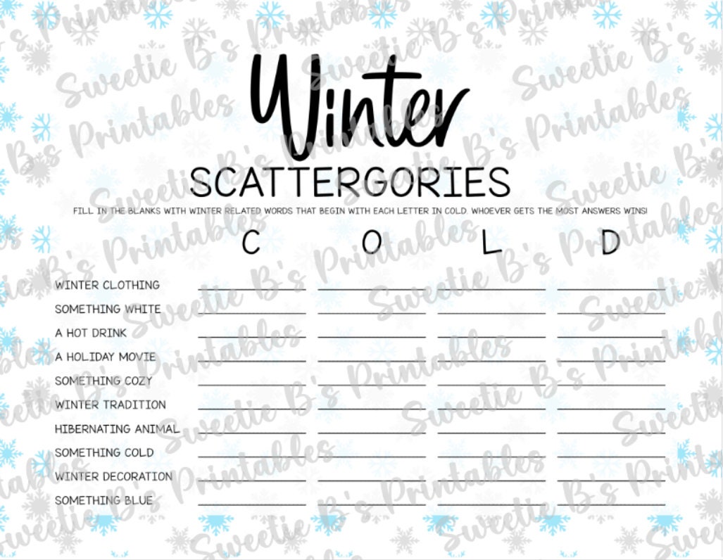 INSTANT DOWNLOAD Winter Scattergories Printable Game - Winter Game ...