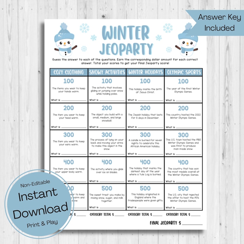 INSTANT DOWNLOAD Winter Jeoparty Game Printable - Holiday Game ...