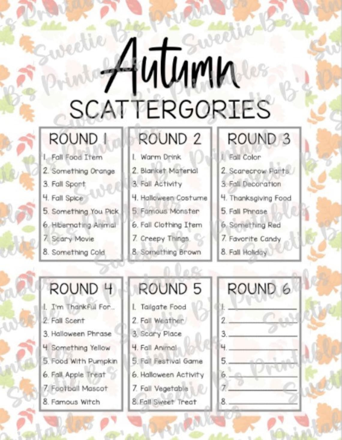 INSTANT DOWNLOAD Autumn Scattergories Printable Game - Autumn Game ...