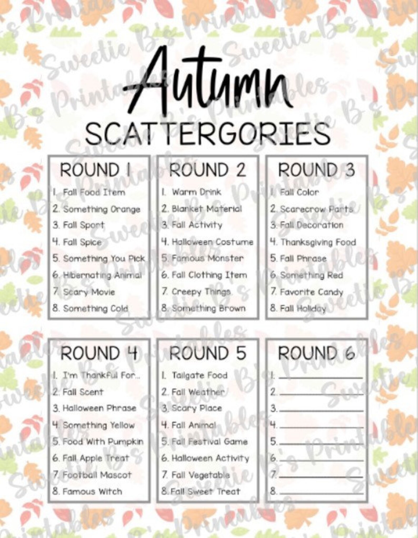 INSTANT DOWNLOAD Autumn Scattergories Printable Game - Autumn Game ...