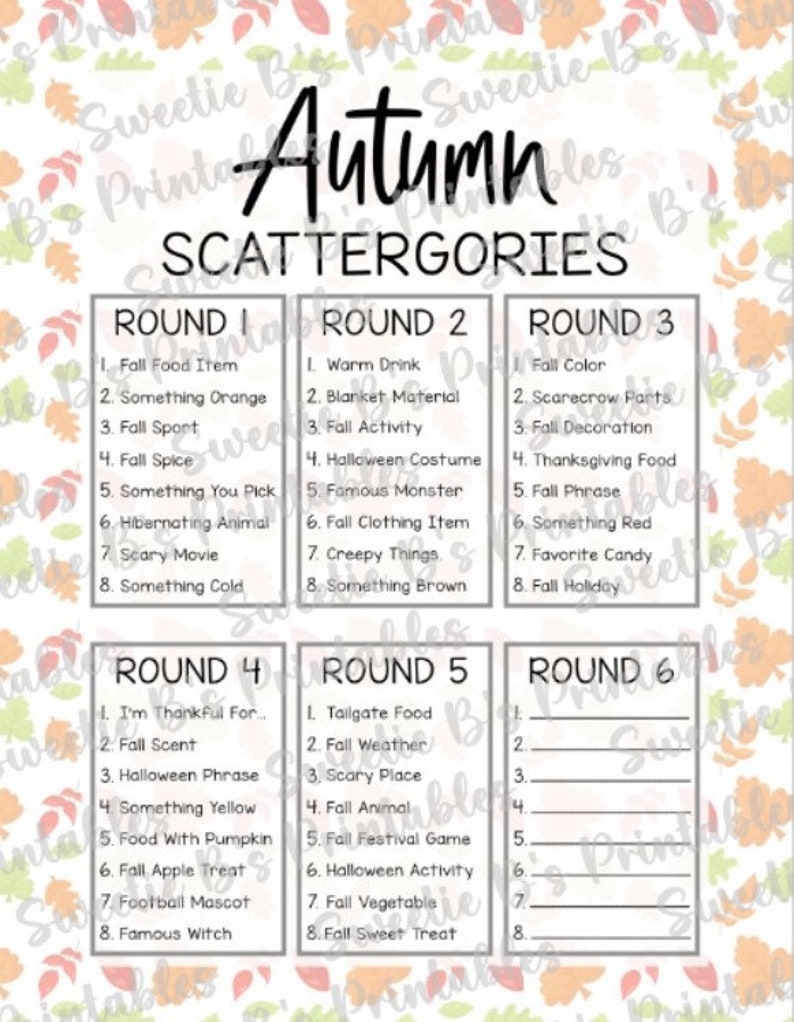 INSTANT DOWNLOAD Autumn Scattergories Printable Game - Autumn Game ...