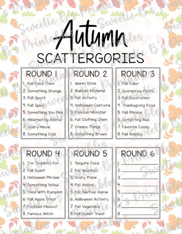 INSTANT DOWNLOAD Autumn Scattergories Printable Game - Autumn Game ...