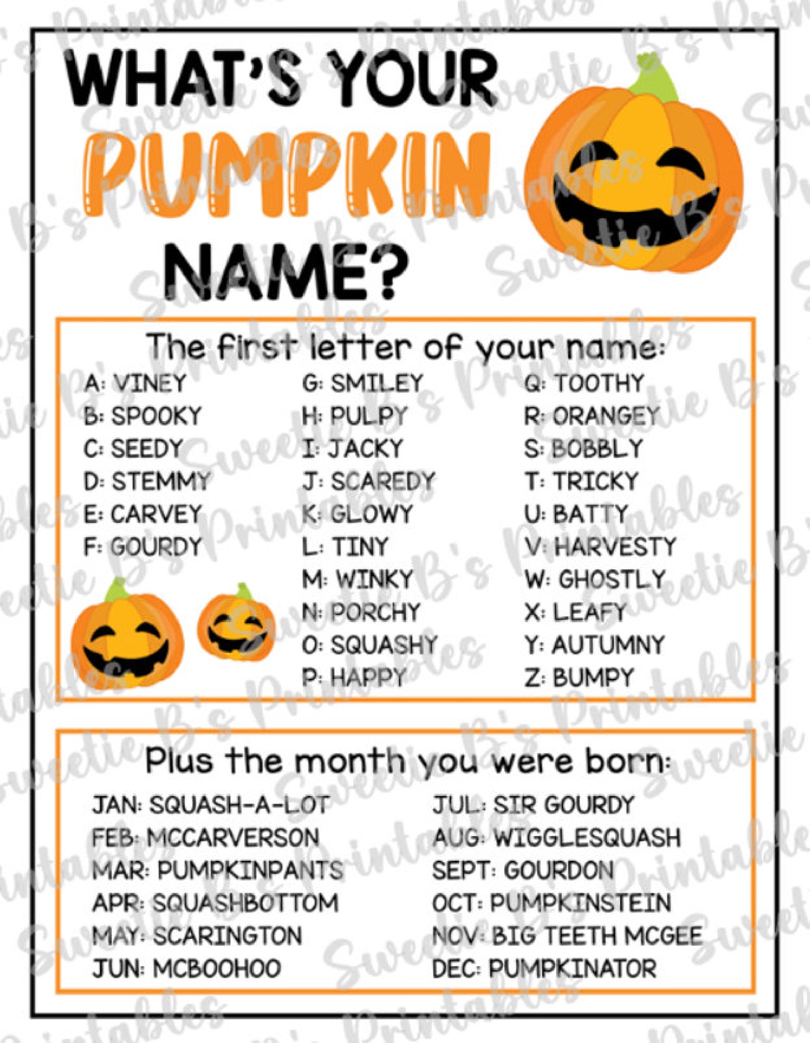 INSTANT DOWNLOAD What's Your Pumpkin Name Printable - Autumn Party Game ...