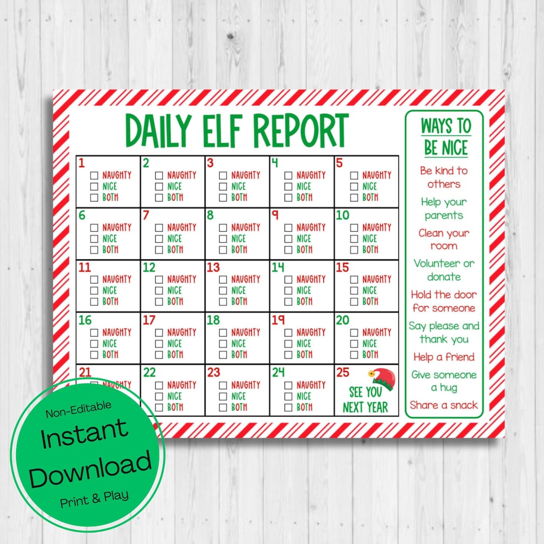 INSTANT DOWNLOAD Elf Report Calendar Printable - Christmas Elf ...