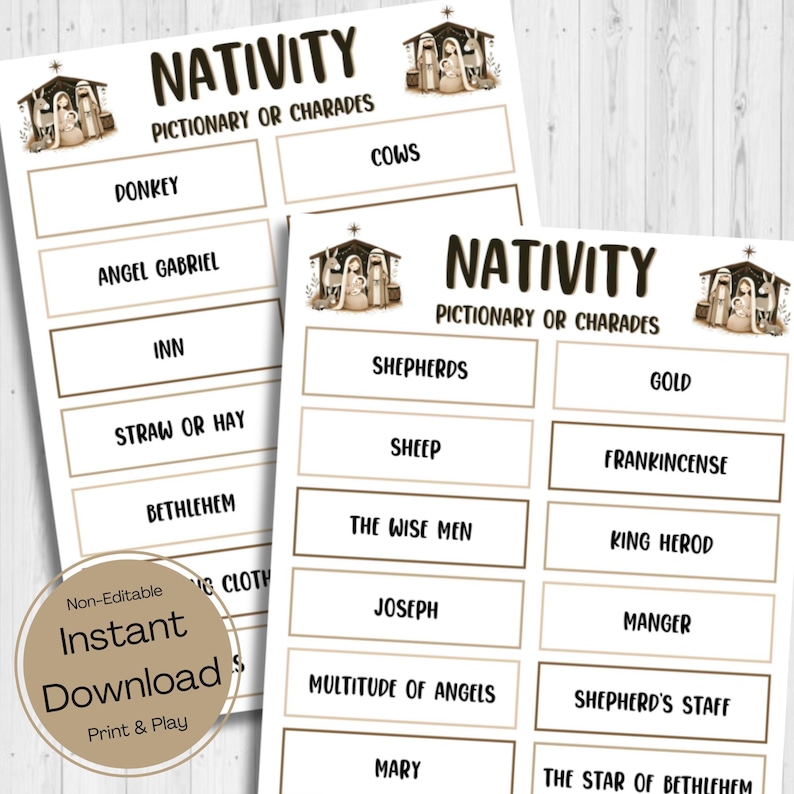 INSTANT DOWNLOAD Nativity Pictionary or Charades Printable - Holiday ...