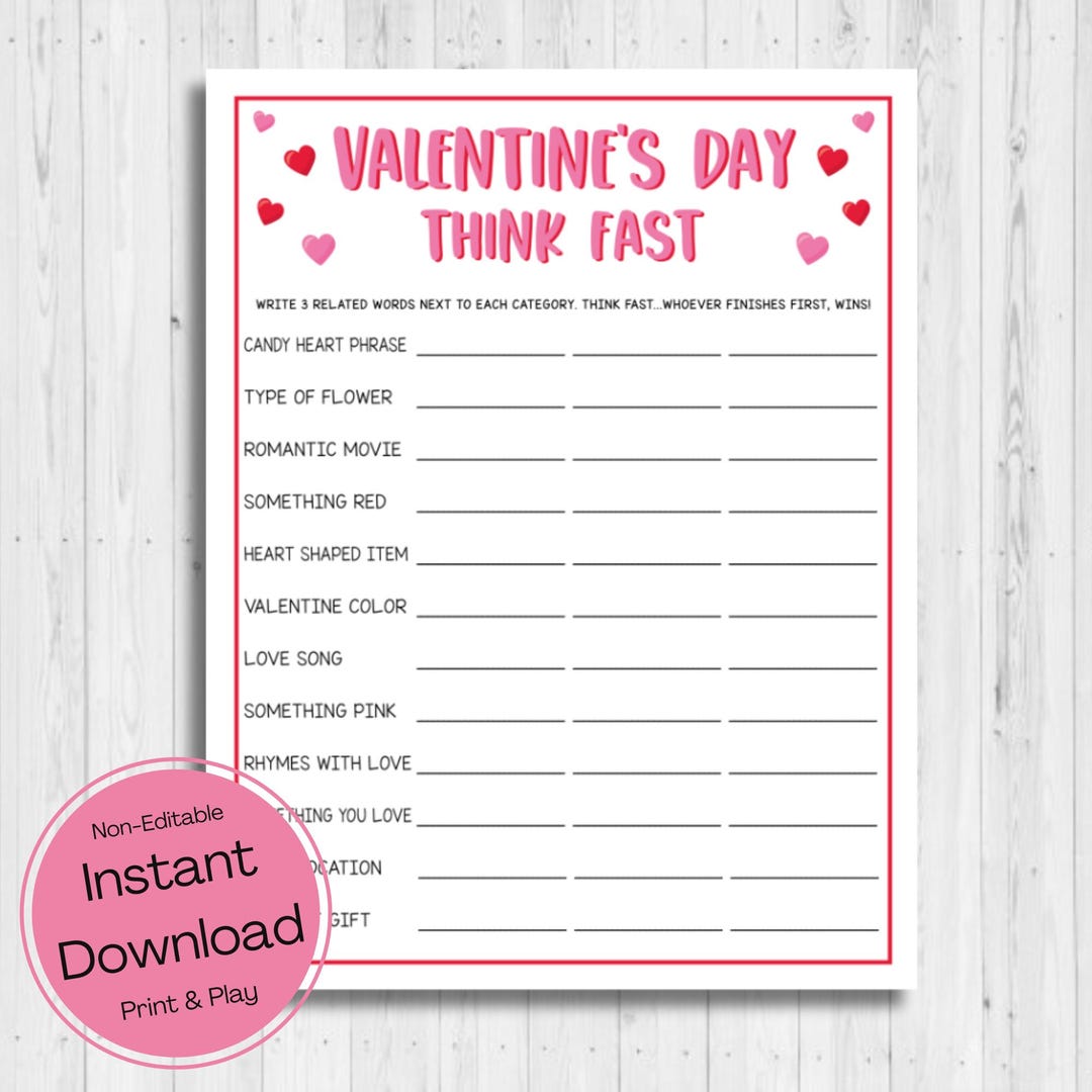 INSTANT DOWNLOAD Valentine's Think Fast Game Printable - Holiday Game ...
