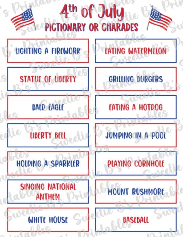 INSTANT DOWNLOAD 4th of July Pictionary or Charades Printable ...