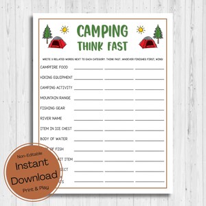 INSTANT DOWNLOAD Camping Think Fast Game Printable - Camping Activity ...