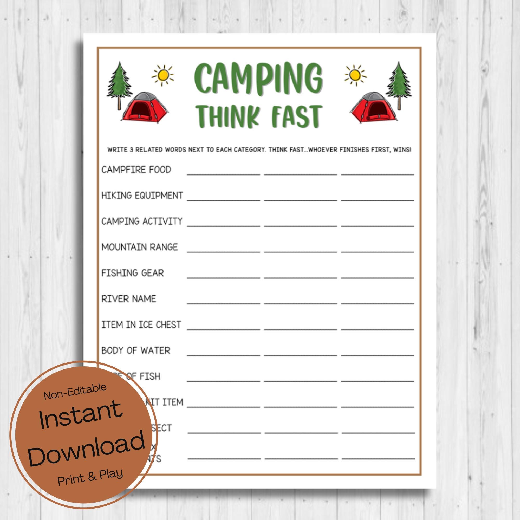 INSTANT DOWNLOAD Camping Think Fast Game Printable - Camping Activity ...