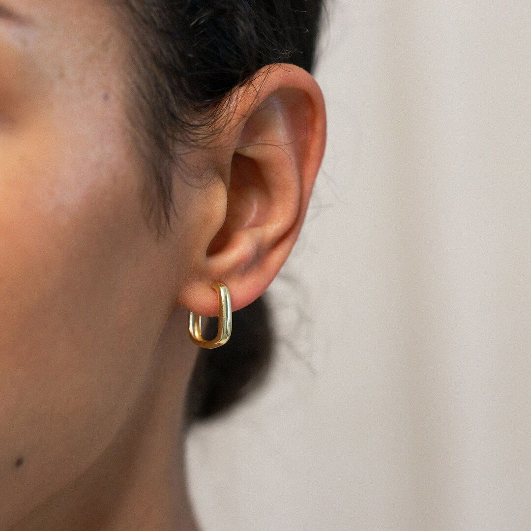 Square Hoops, Gold Hoops, Minimalist Earrings, Sterling Silver, Huggie Hoops, Thick Hoops ...