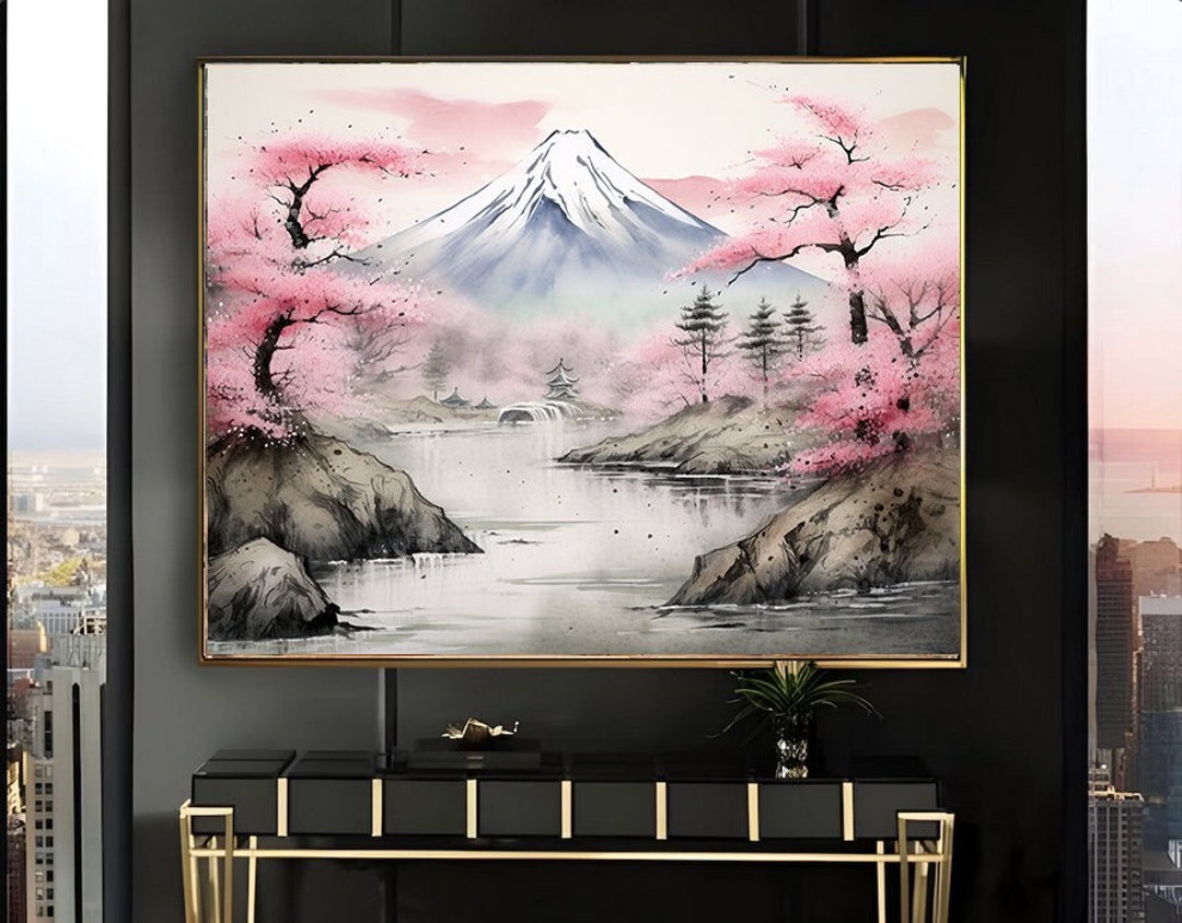 PRINTABLE Landscape Art L Snowy Mt. Fuji L Spring Cherry Blossoms L ...