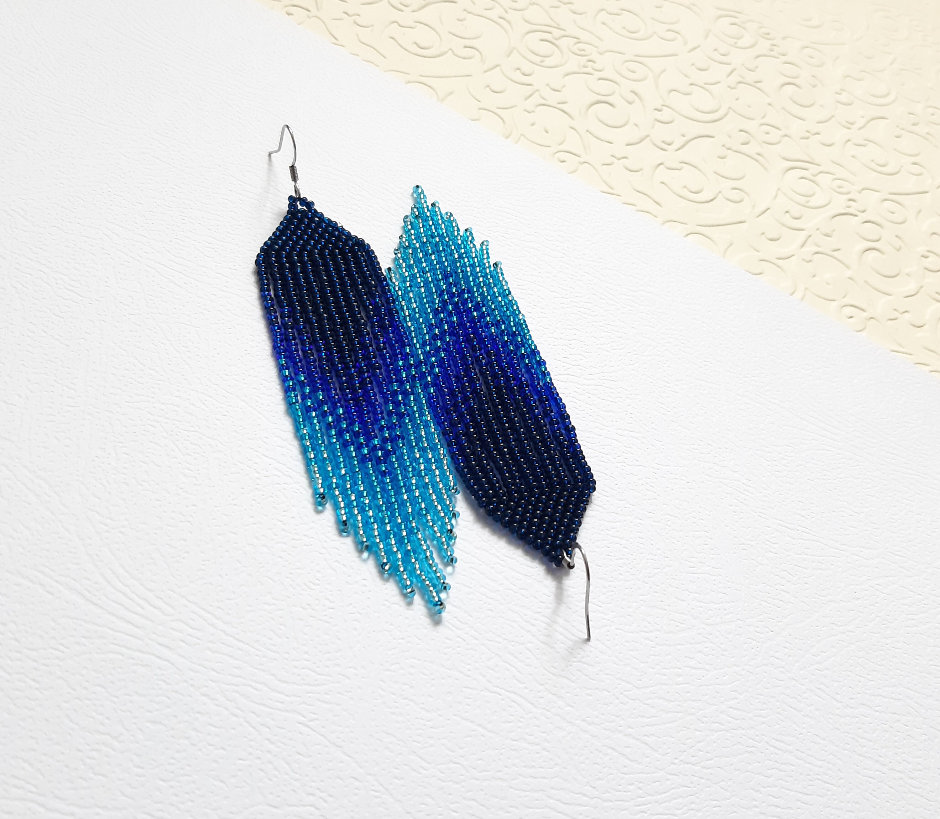 Blue fringe earrings Boho beaded earrings for women | Etsy