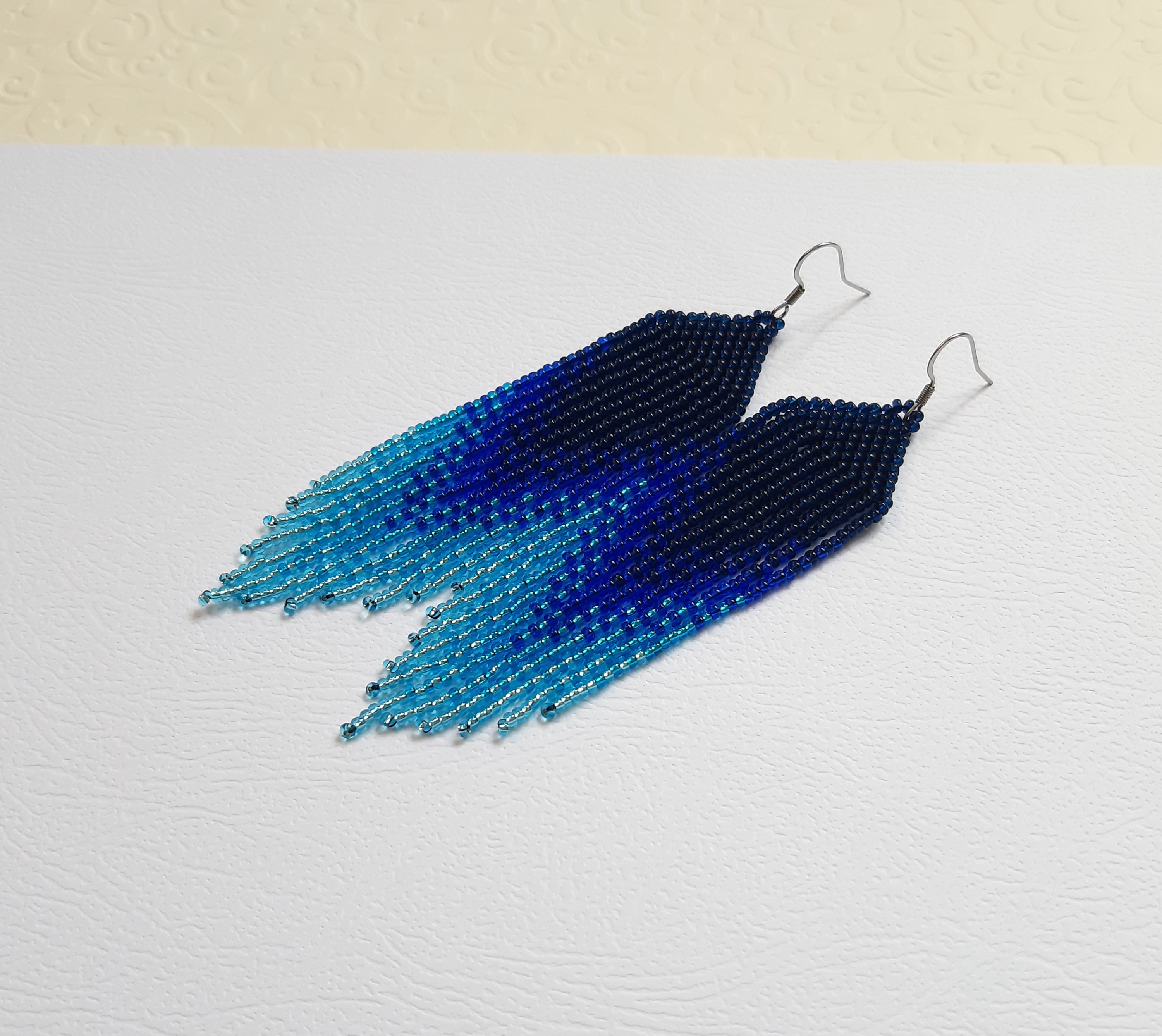 Blue fringe earrings Boho beaded earrings for women | Etsy