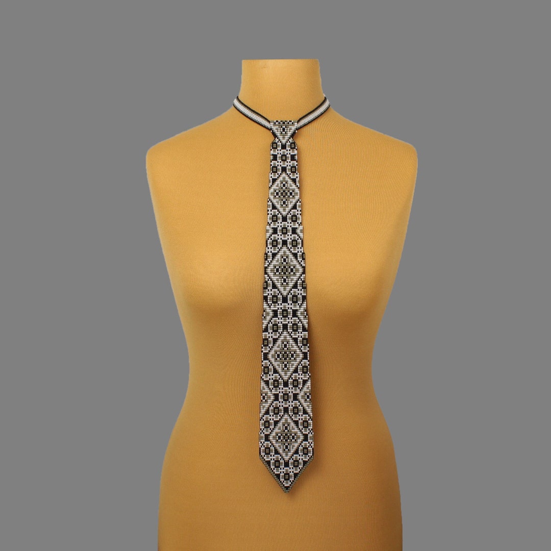 Bead Necktie Handmade Jewelry for Women, White and Gray Necktie With ...