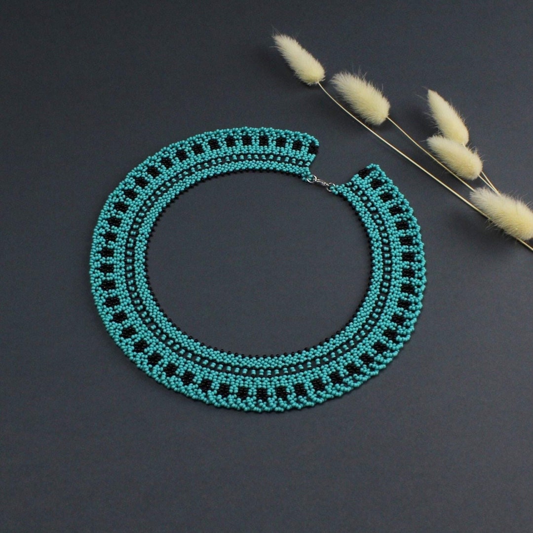 Bead Necklace for Woman, Seed Beed Collar Necklace, Turquoise and Black ...