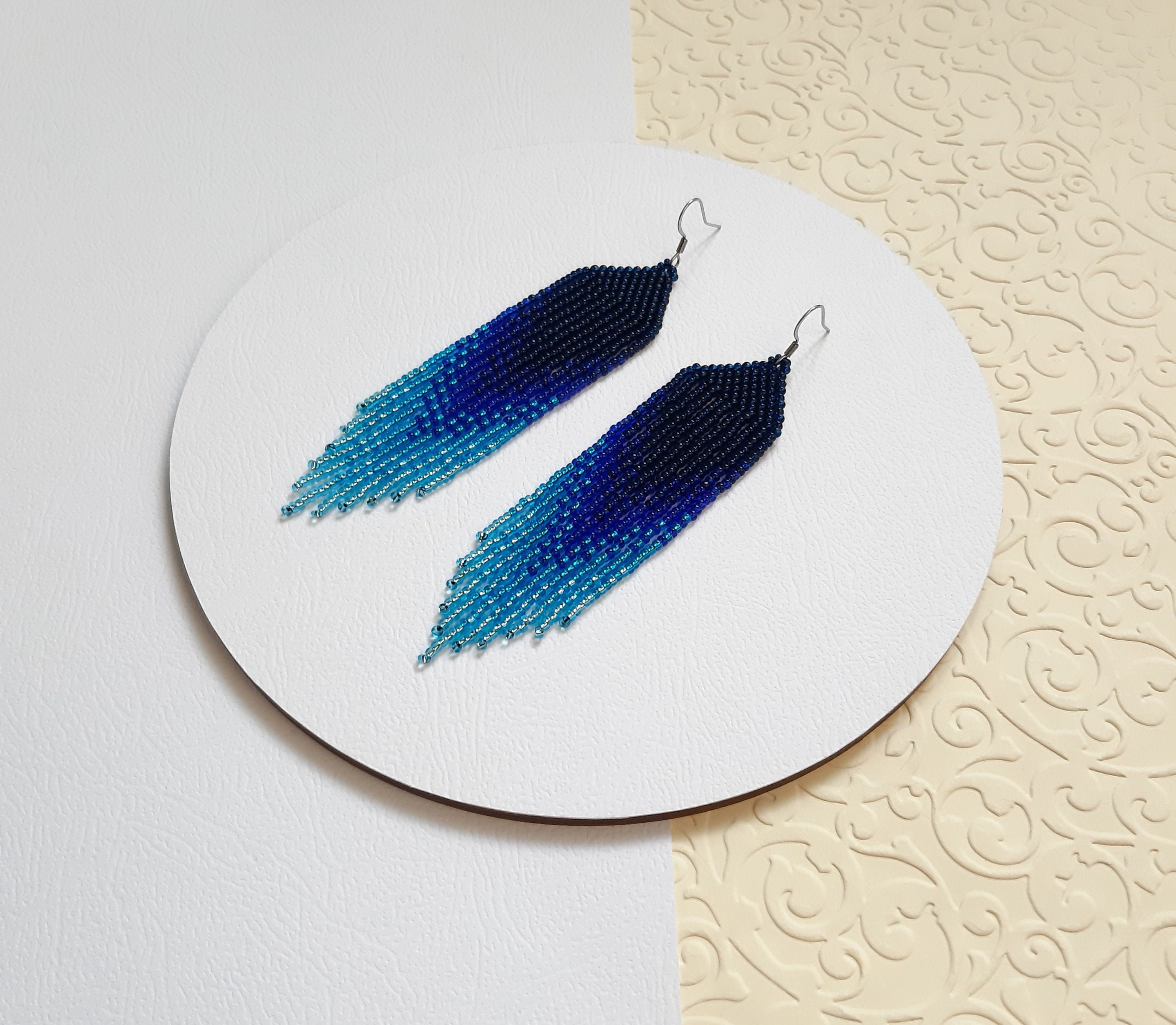 Blue fringe earrings Boho beaded earrings for women | Etsy