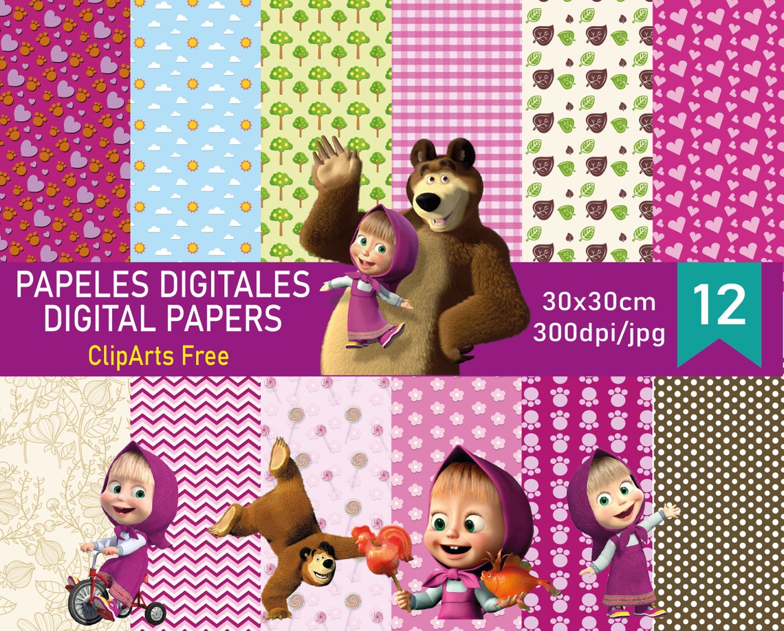 Masha and the Bear 12 Digital Papers Free Cliparts Instant - Etsy