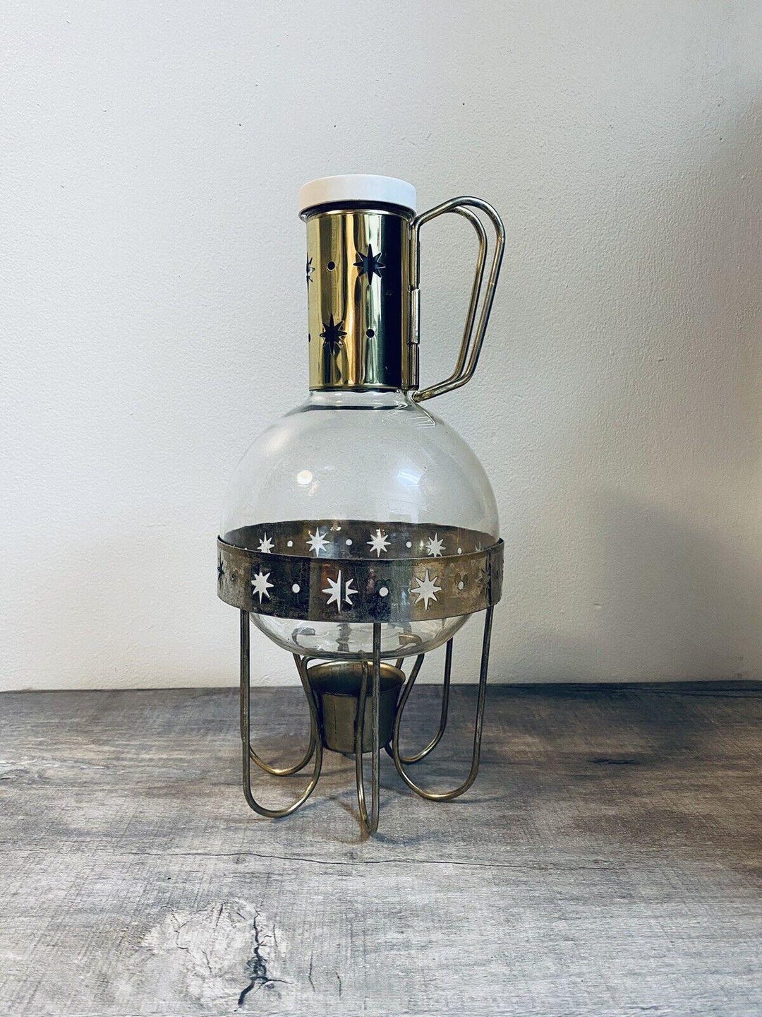 Vintage Corning Glass Carafe & Rustic Brass Warming Stand Star Cutouts ...