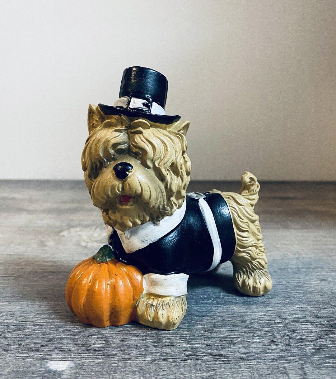 Vintage Resin NEW 4.5" PILGRIM Puppy Table Figure Terrier With Pumpkin ...