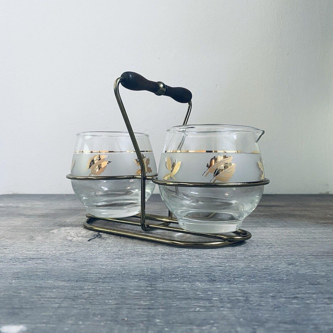 Vintage Libbey Frosted Glass Sugar Creamer Caddy Set Gold Leaves 3 ...