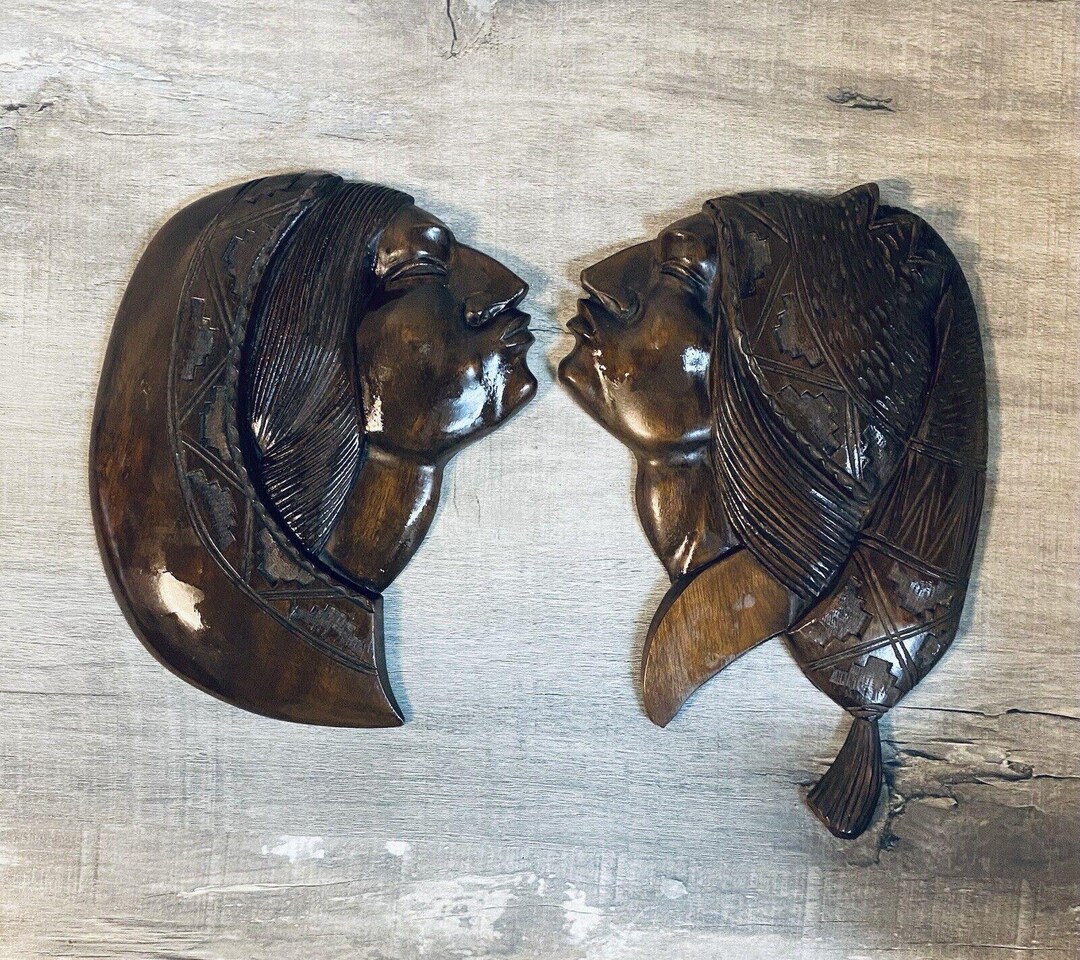 Vintage South American Bolivian Hand Carved Wood Faces Pair Art ...