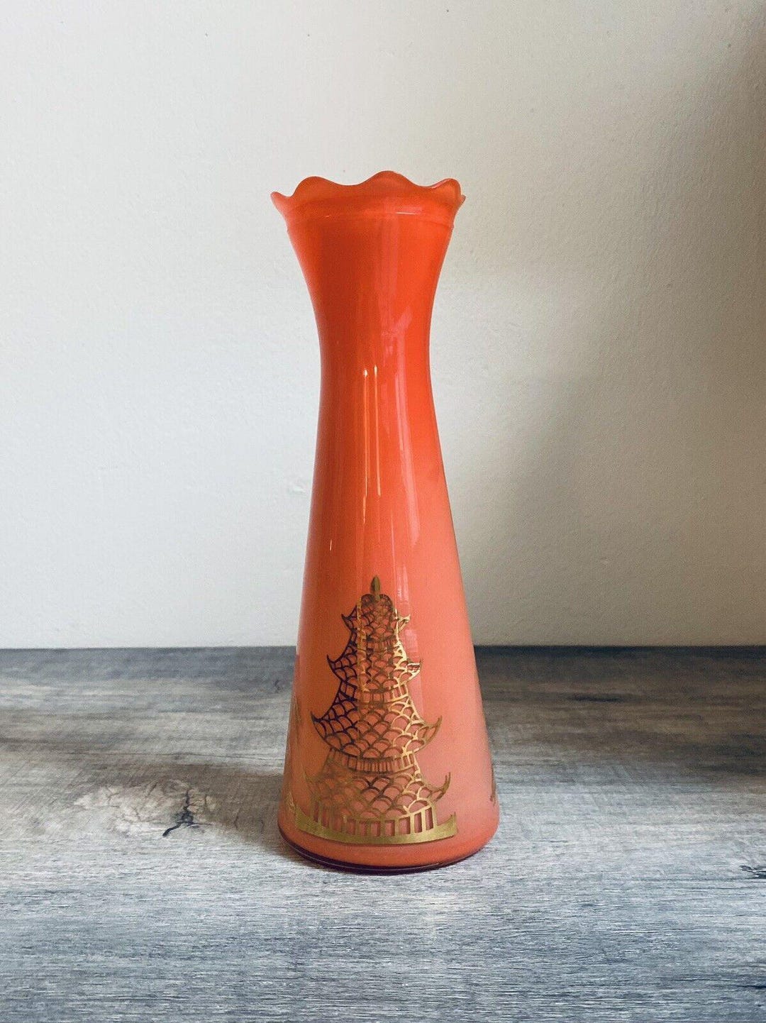 Vintage 9 Coral Colored Glass Vase With Asian Gold Painted Pagoda and ...