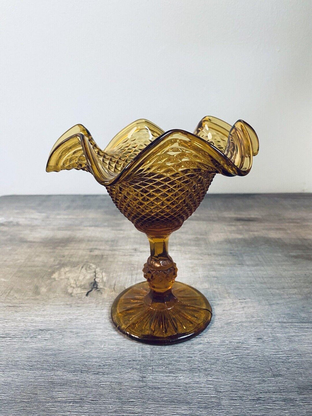 Vintage Ivima Amber Glass Diamond Point Ruffled Edge Compote Pedestal Dish Retro - Etsy