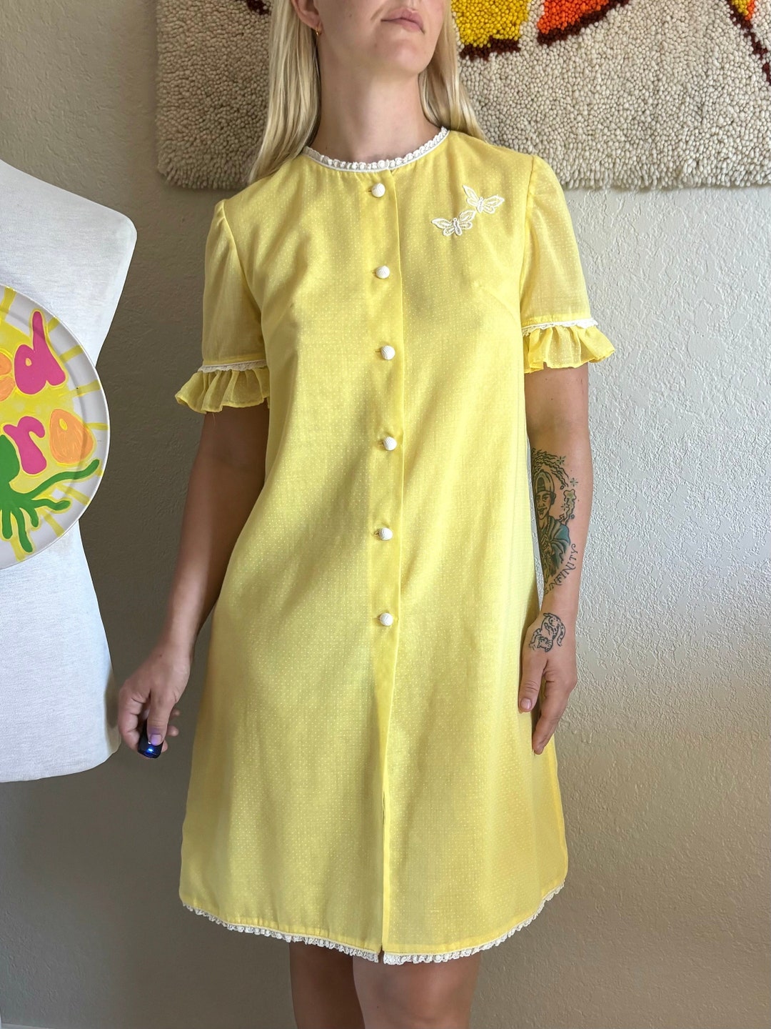 60s Handmade Yellow Dress Vintage Butter Yellow Dress 60s Butterfly ...