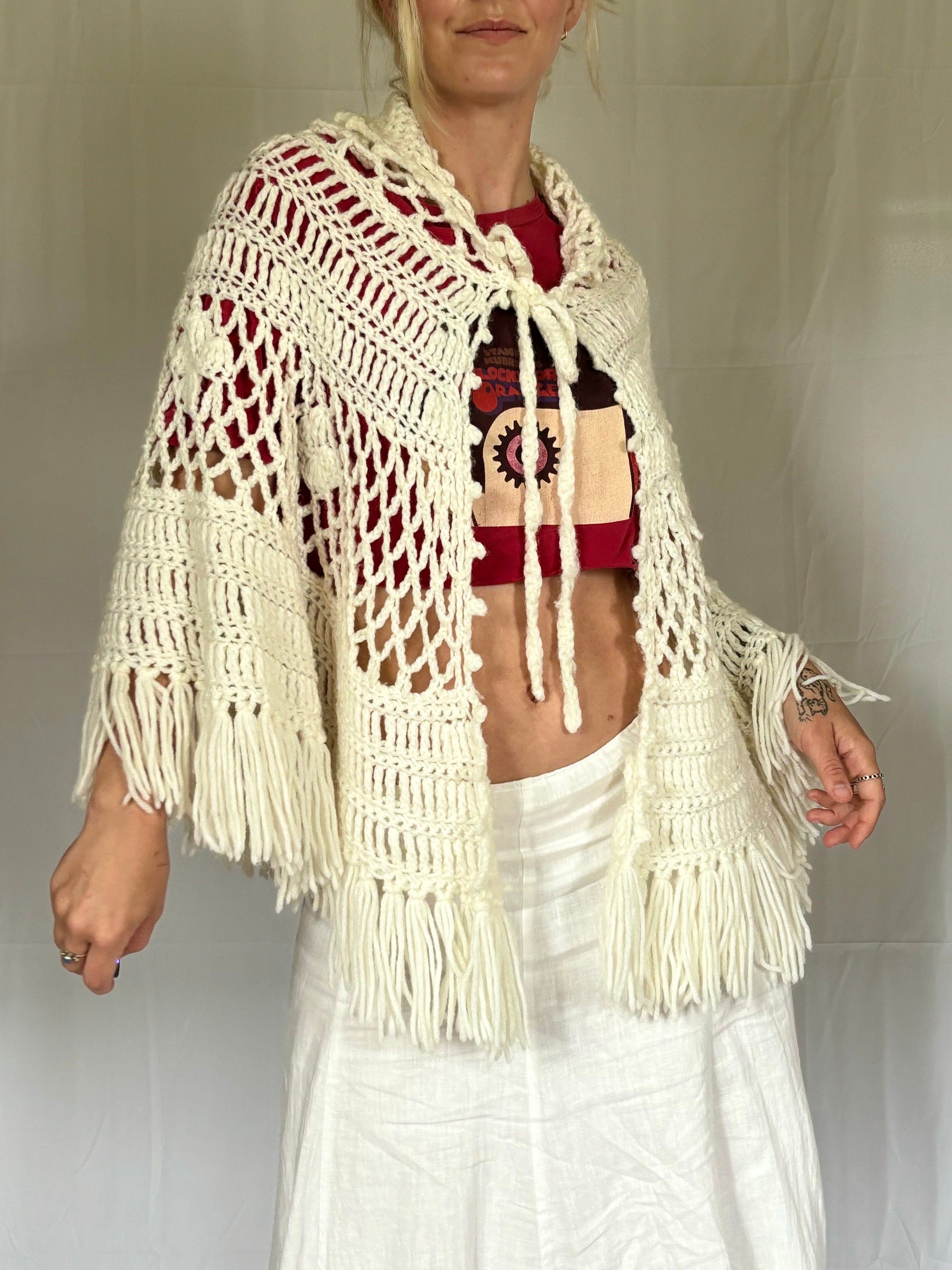 70s Crochet Shawl Vintage Crochet Knit Shawl 70s Handknit Crochet Shawl ...