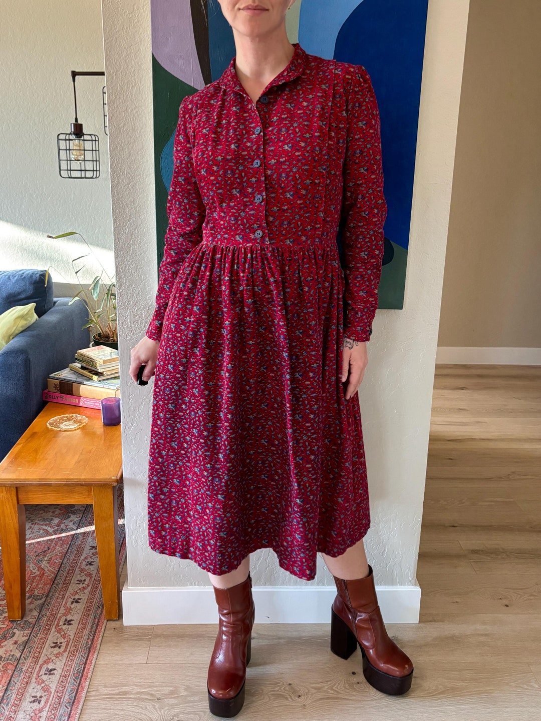 Vintage Red Corduroy Dress 80s Floral Corduroy Dress Vintage Floral Red ...