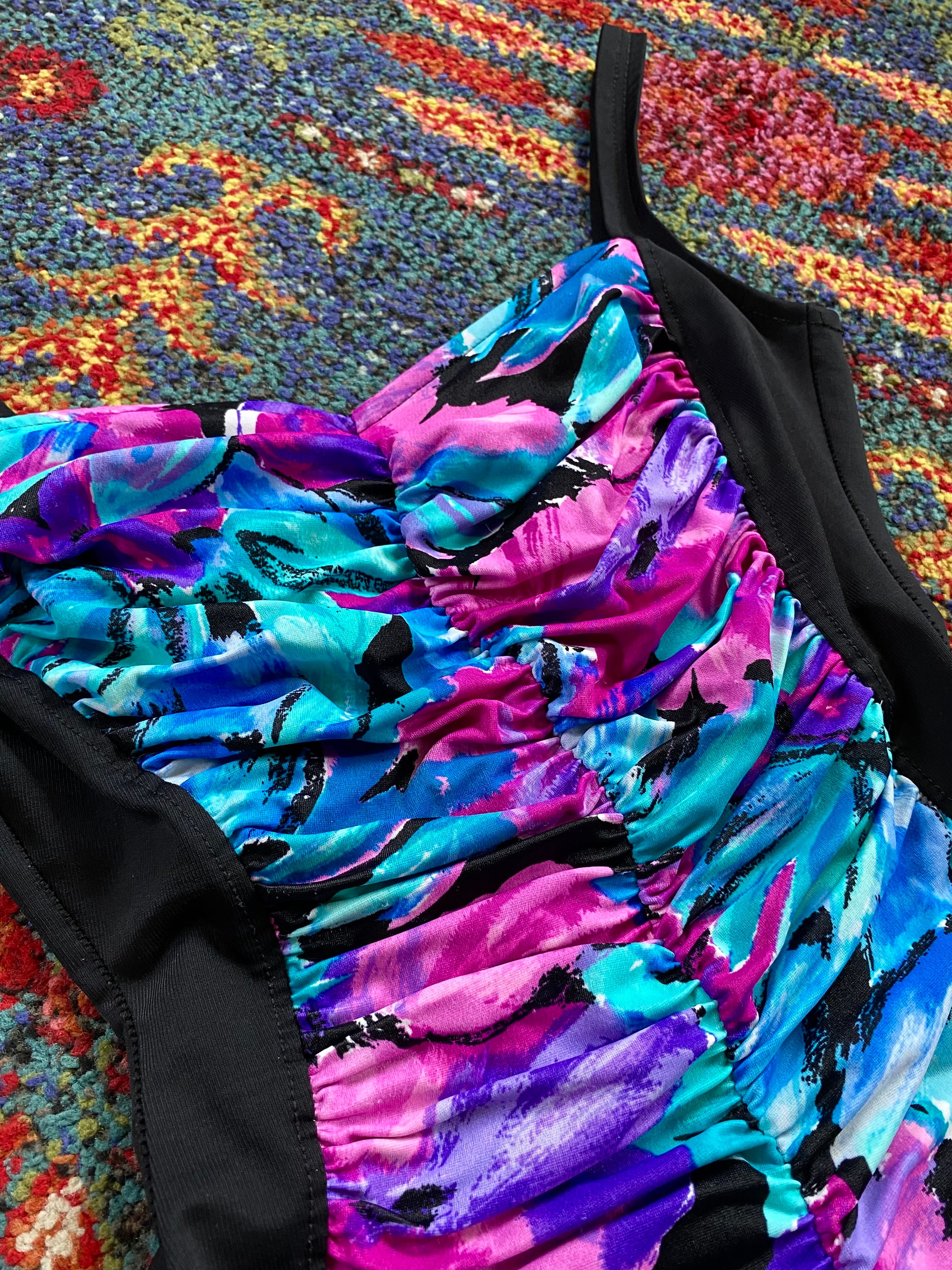 90s Swimsuit Colorful One Piece Shapewear Vintage Blue Purple Black ...