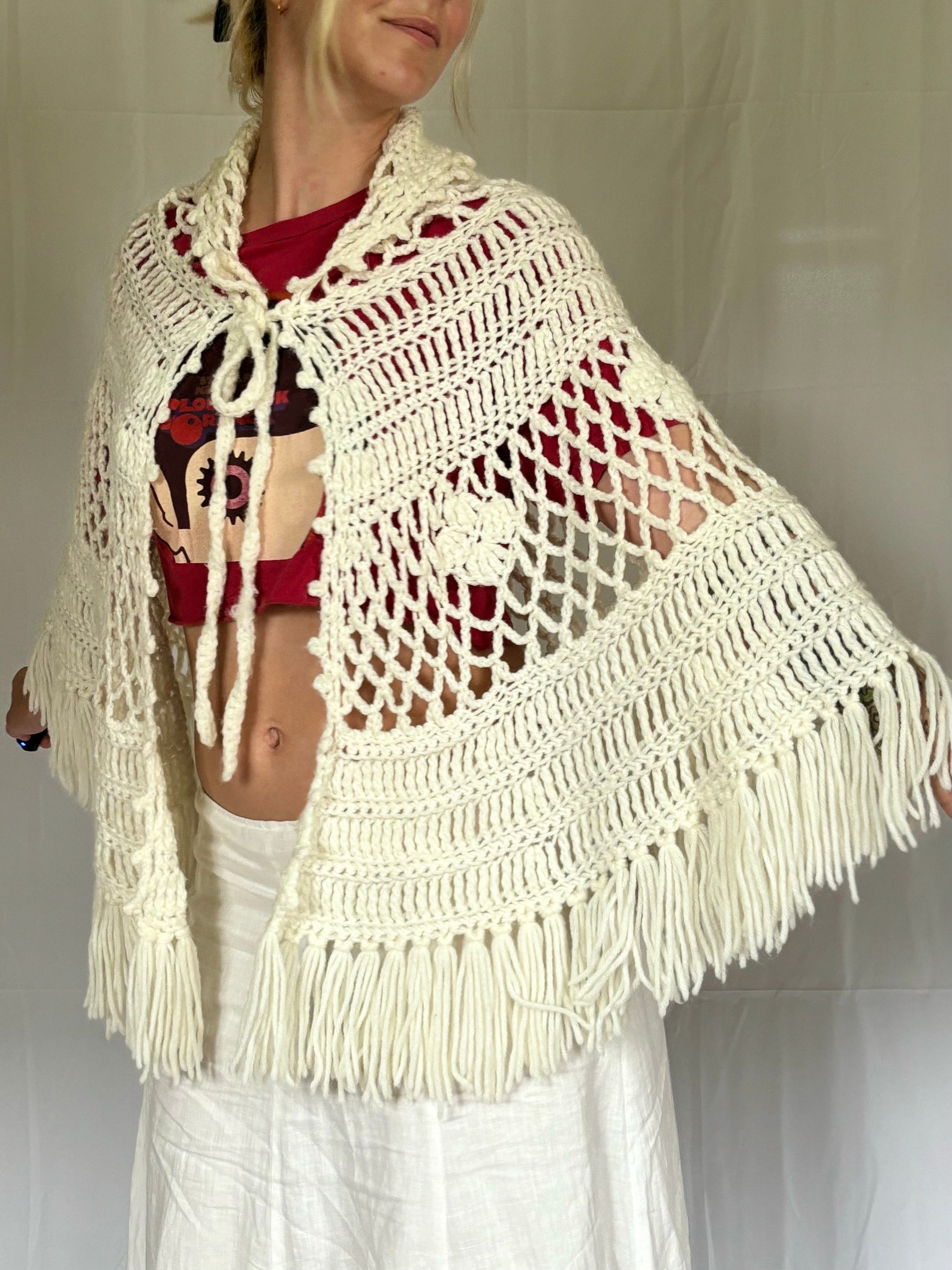 70s Crochet Shawl Vintage Crochet Knit Shawl 70s Handknit Crochet Shawl ...