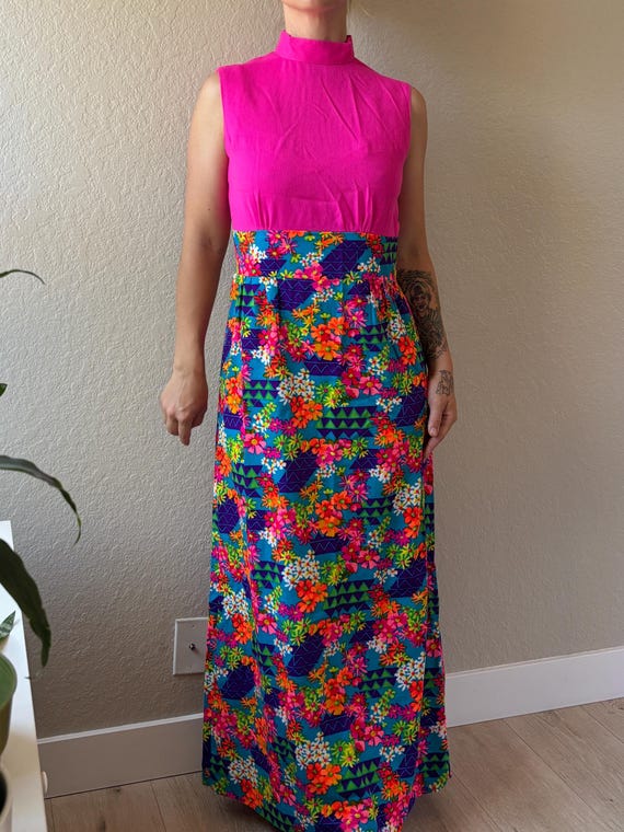 70s Hot Pink Floral Maxi Dress Bright Vintage Dress 7… - Gem