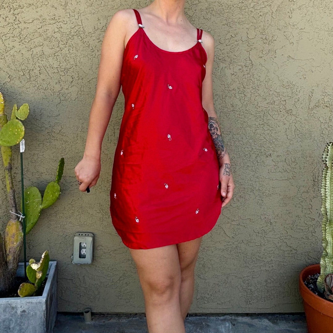 90s Red Slip Dress Vintage Red Slip Dress 90s Rose Red Satin Slip ...