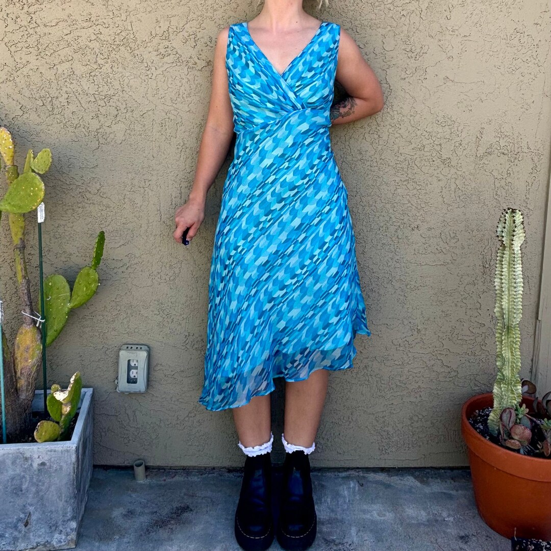Y2K Blue Midi Dress Vintage Silk Midi Dress Y2K Assymmetrical Midi ...