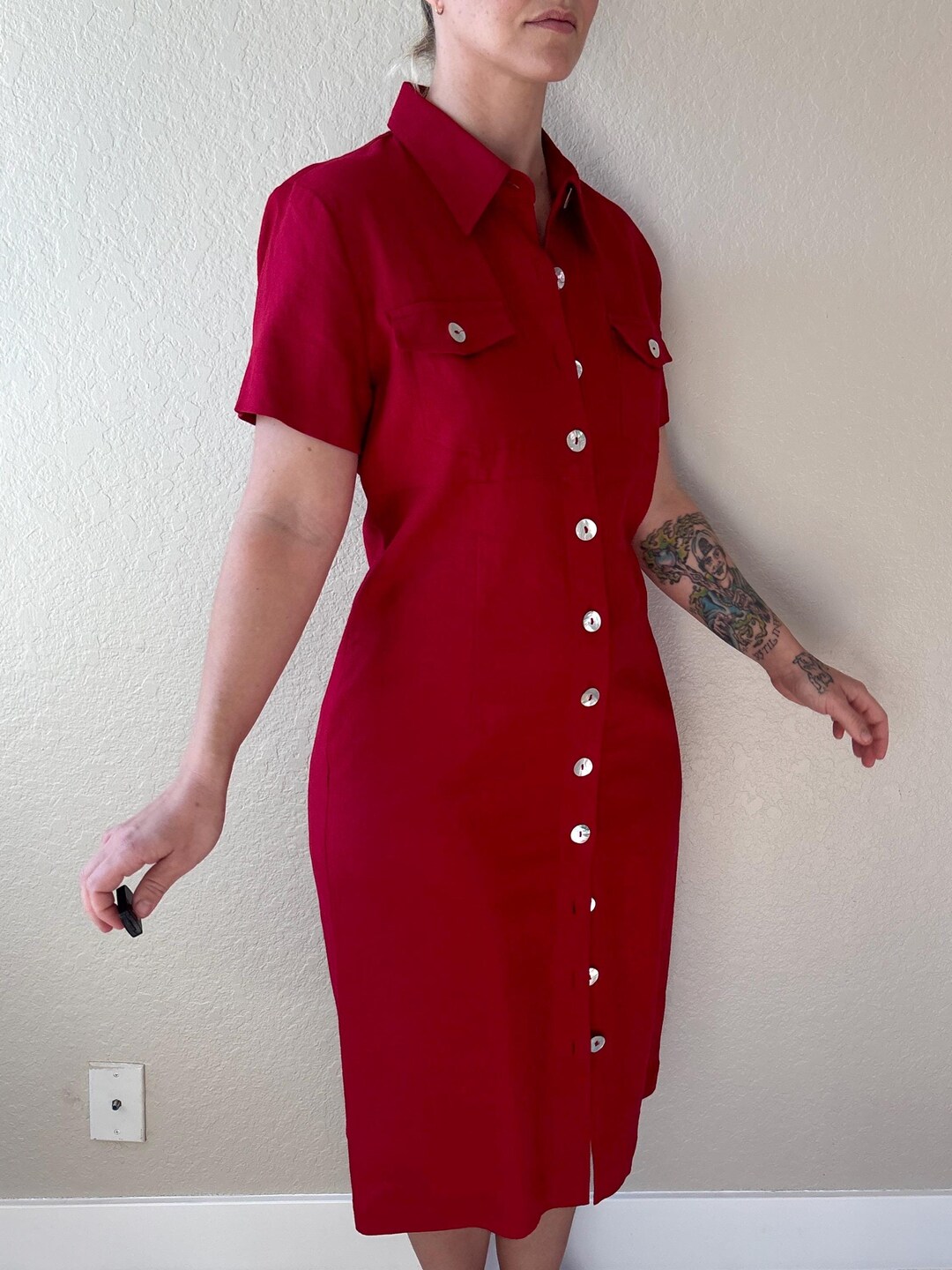 90s Red Linen Dress Vintage Red Dress Vintage Linen Shirt Dress 90s ...