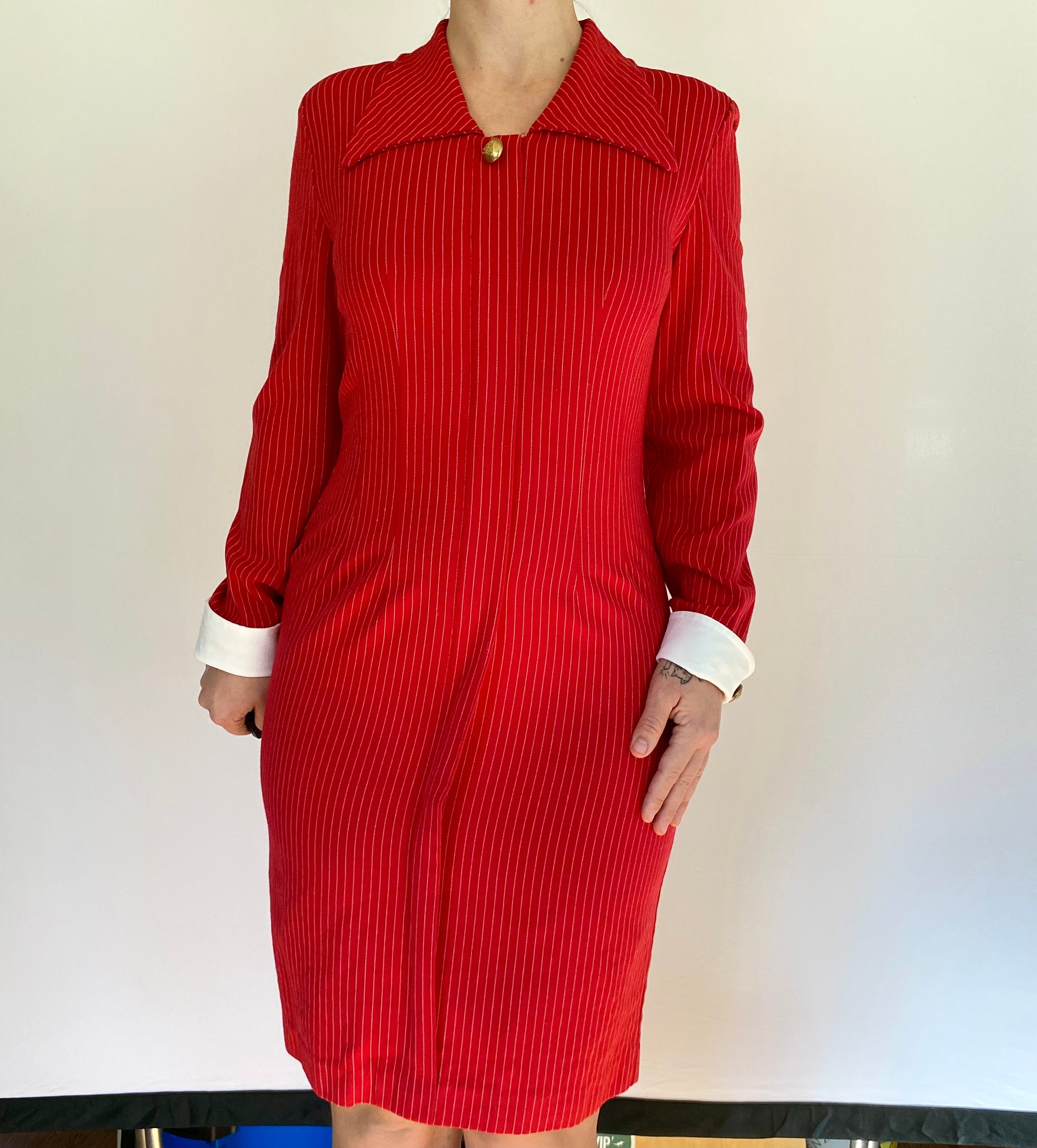 70s Red Pinstripe Dress Vintage Red Midi Dress 70s California Design by ...