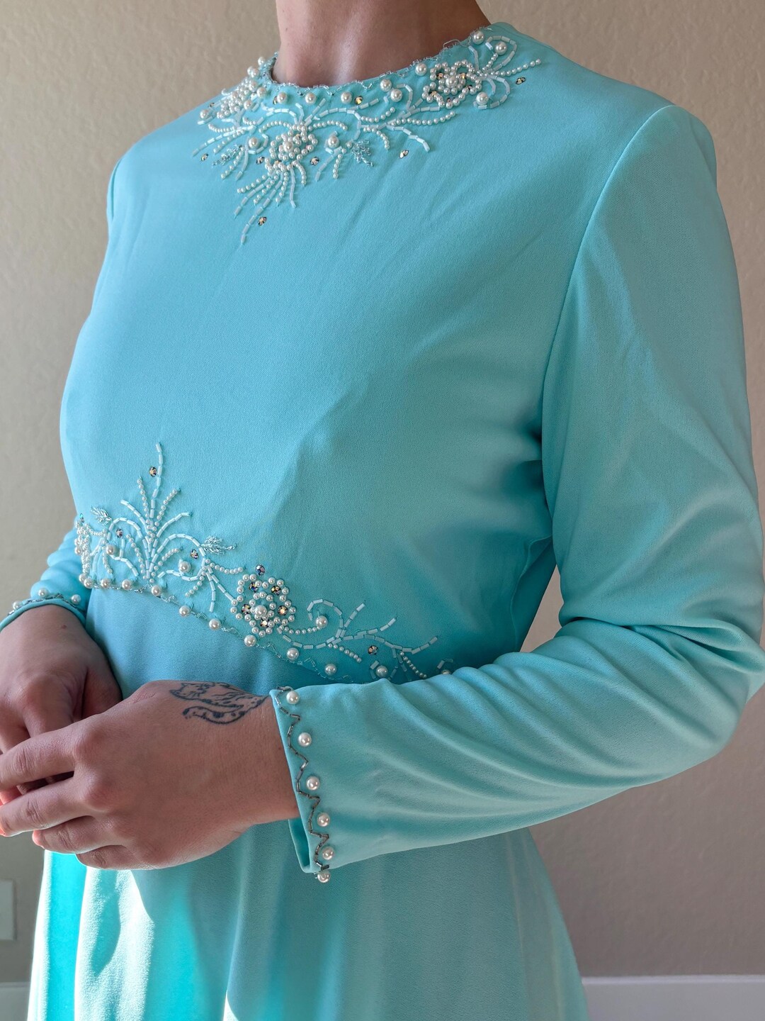 70s Blue Beaded Gown 70s Icy Blue Dress Vintage Blue Dress Beaded ...