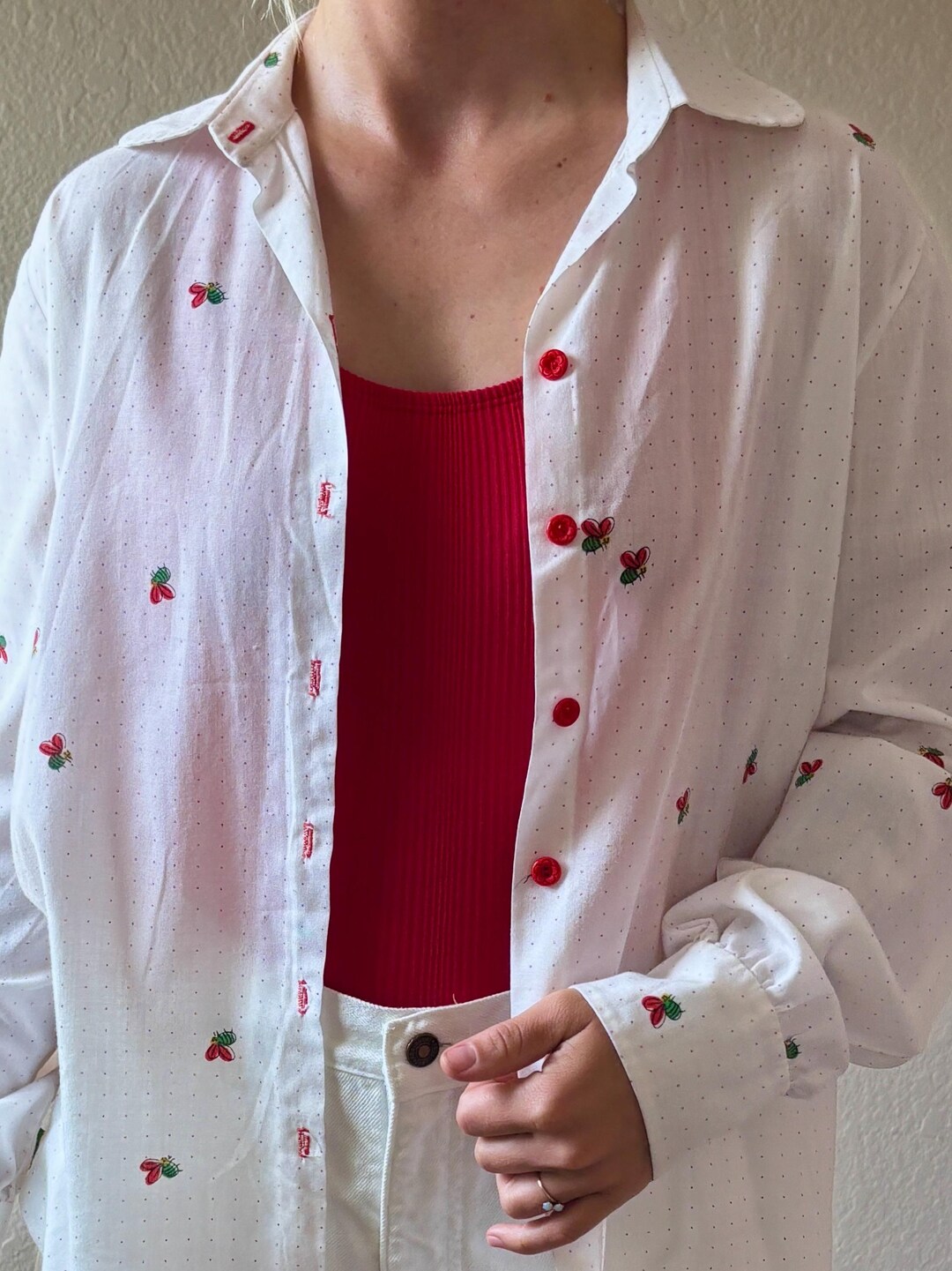 70s Novelty Print Top 70s Bee Print Cotton Button up 70s Polka Dot Top ...