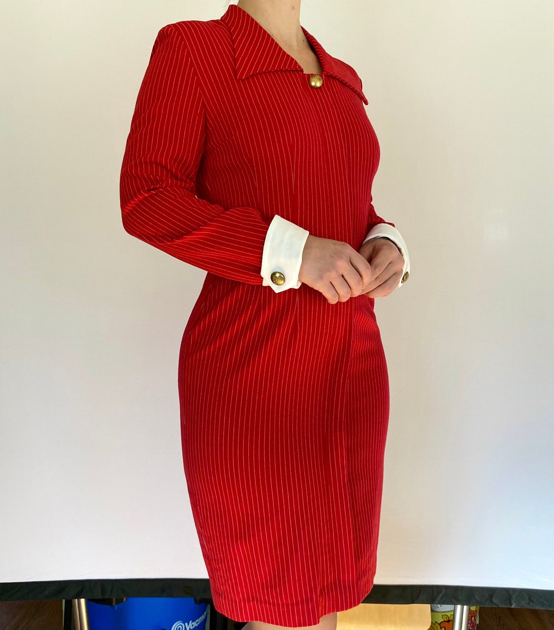 70s Red Pinstripe Dress Vintage Red Midi Dress 70s California Design by ...