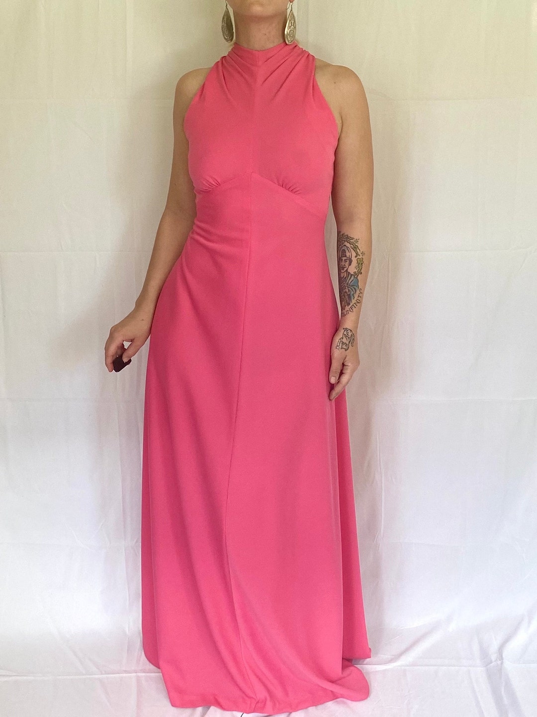 70s Hot Pink Gown Vintage Hot Pink Dress 70s Pink Prom Dress Vintage ...