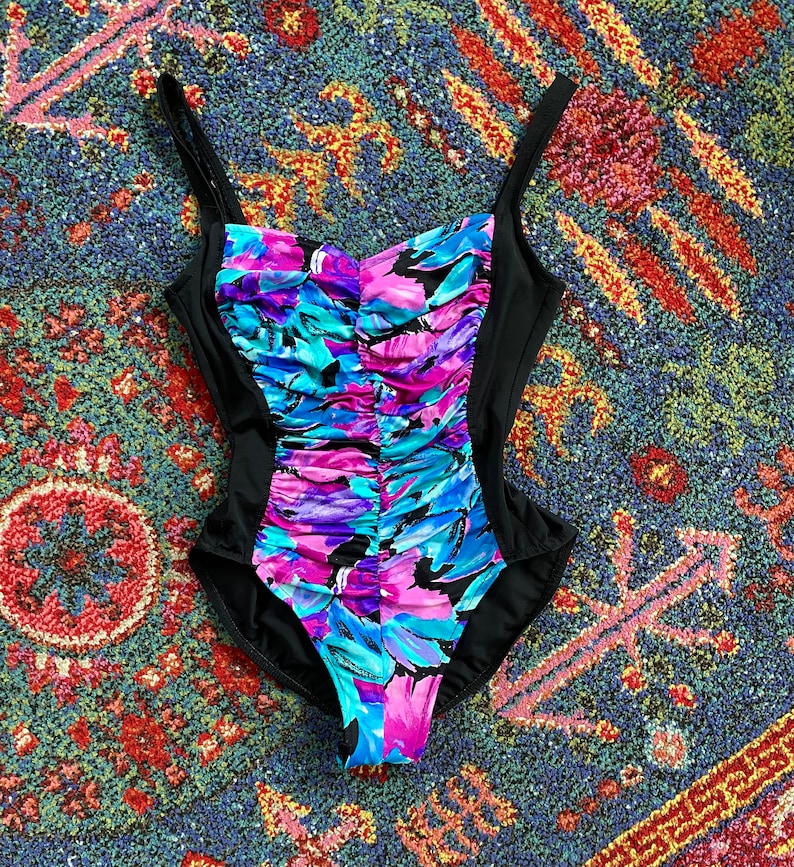 90s Swimsuit Colorful One Piece Shapewear Vintage Blue Purple Black ...