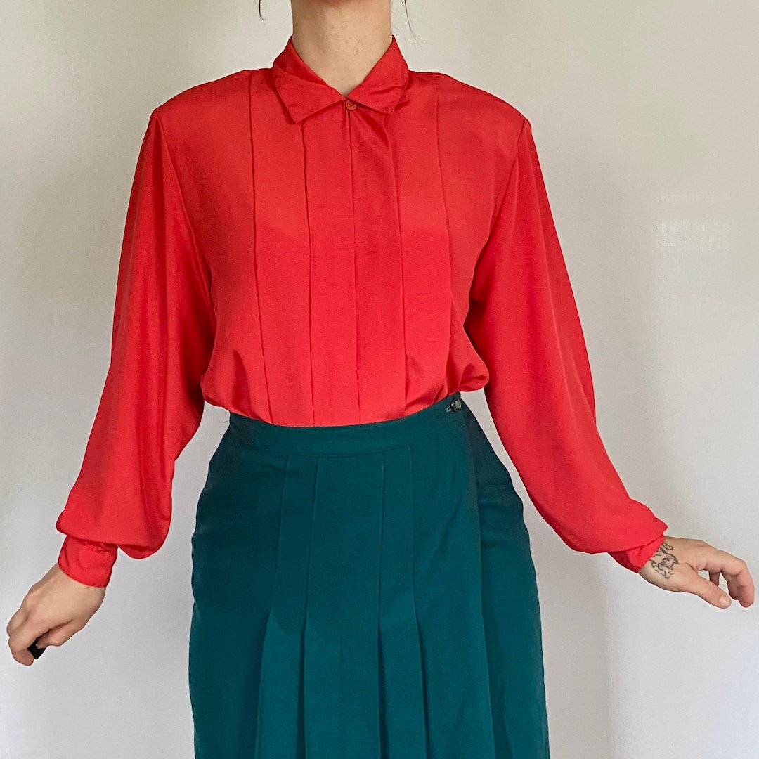 Vintage Red Blouse 90s Red Button up Top Vintage Pleated Blouse Vintage ...
