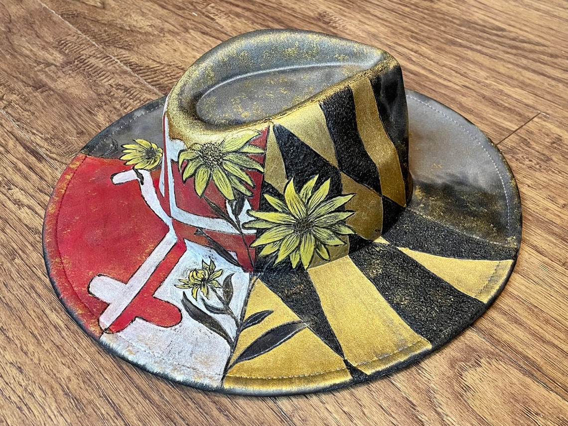 Maryland Flag and Black Eyed Susan Flat Brim Western Cowboy Hat Fedora ...