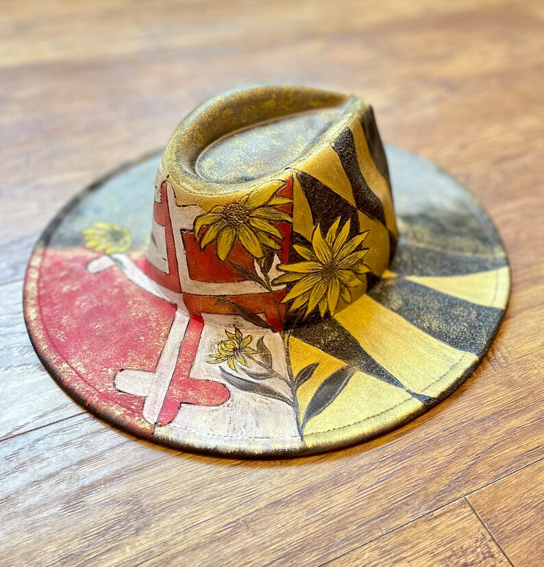 Maryland Flag and Black Eyed Susan Flat Brim Western Cowboy Hat Fedora ...