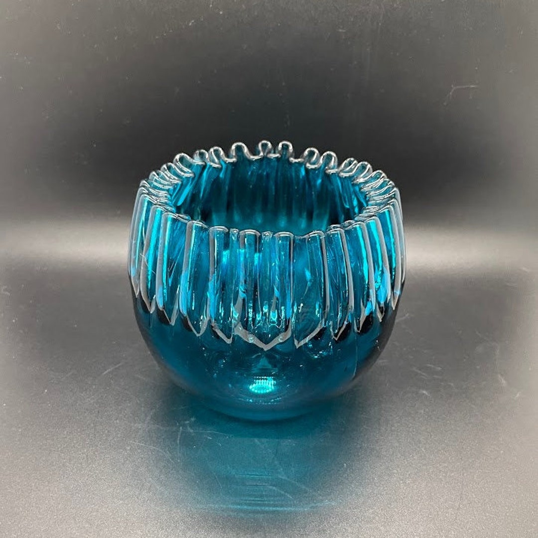 Vintage Turquoise Blenko Glass Vase Bowl 538 Crimped Rose Ruffled ...